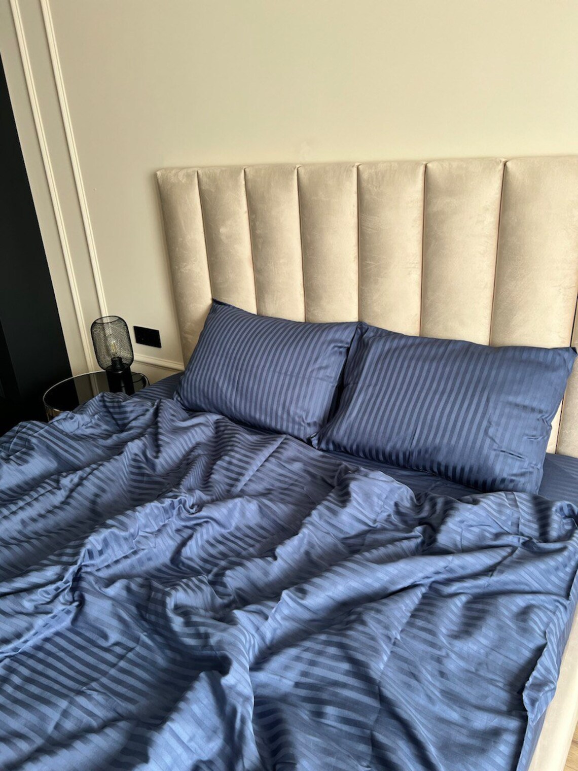 Bed Linen Set Full Dark Blue Stripe Satin 100% Cotton.4 Piece Set ...