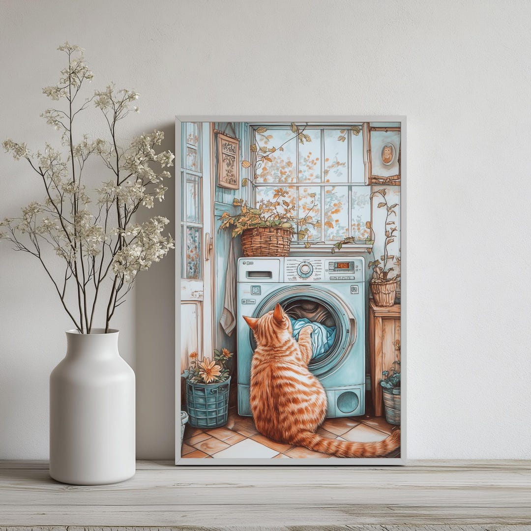 Orange Cat Doing Laundry, Cat Wall Art, Indoor Prints for Home Decor ...