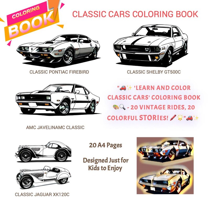 Vintage Cars Coloring Book: 20 Classic Illustrations (instant Download ...