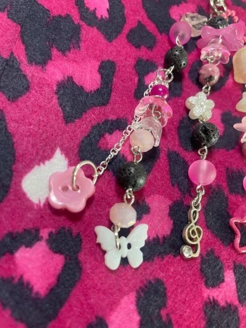 Y2K Pink Mcbling Keychain - Pearlescent Beads and Charms - Cute Pink ...