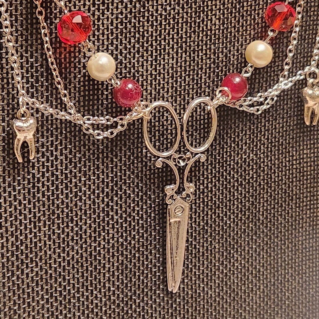Gothic Red and White Bead Necklace With Scissors and Teeth Charms ...