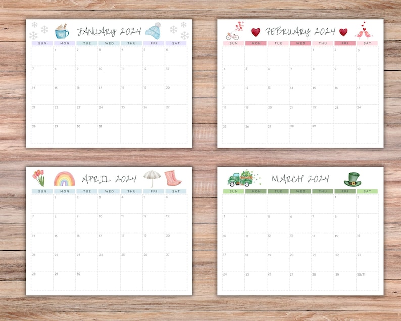 2024 Watercolor Printable Calendar for Kids Simple, Cute, Digital ...