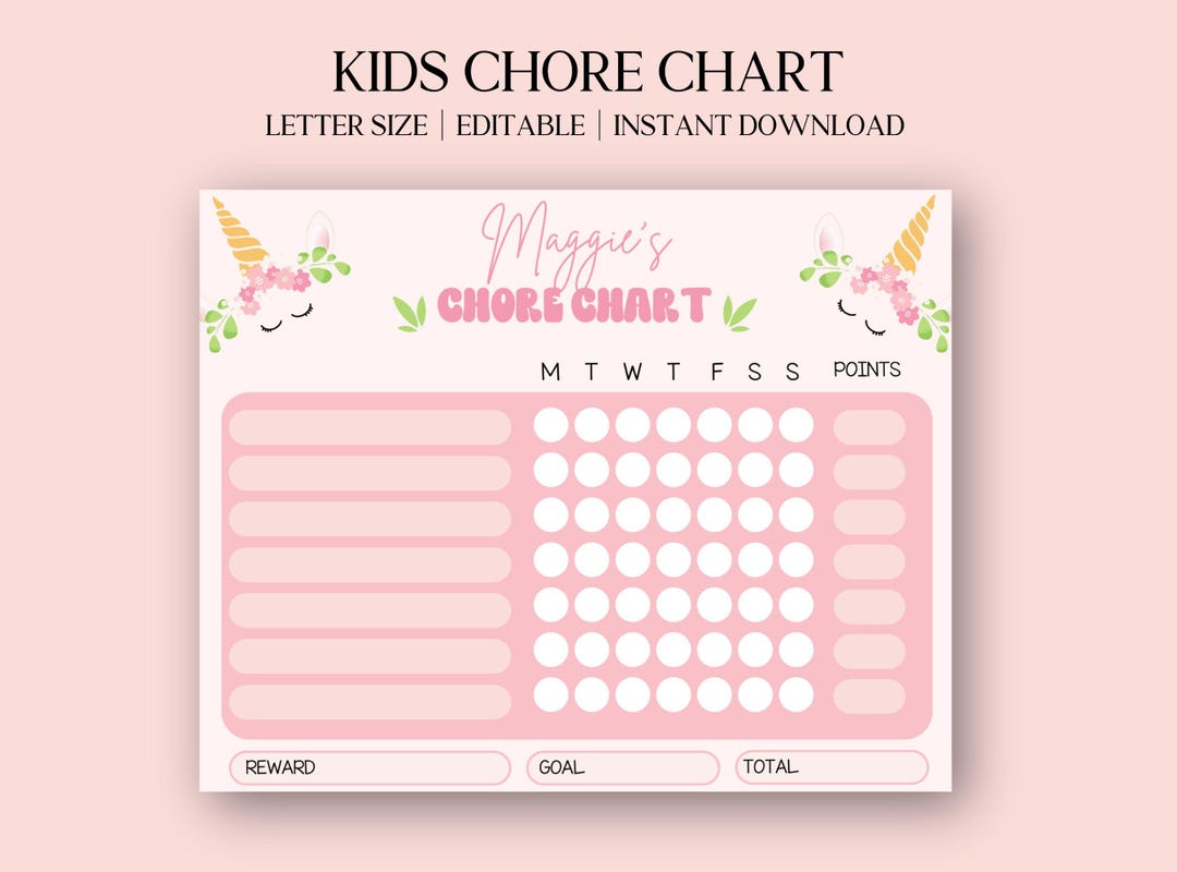 Unicorn Weekly Chore Chart: Printable DIY Template for Kids to Organize ...