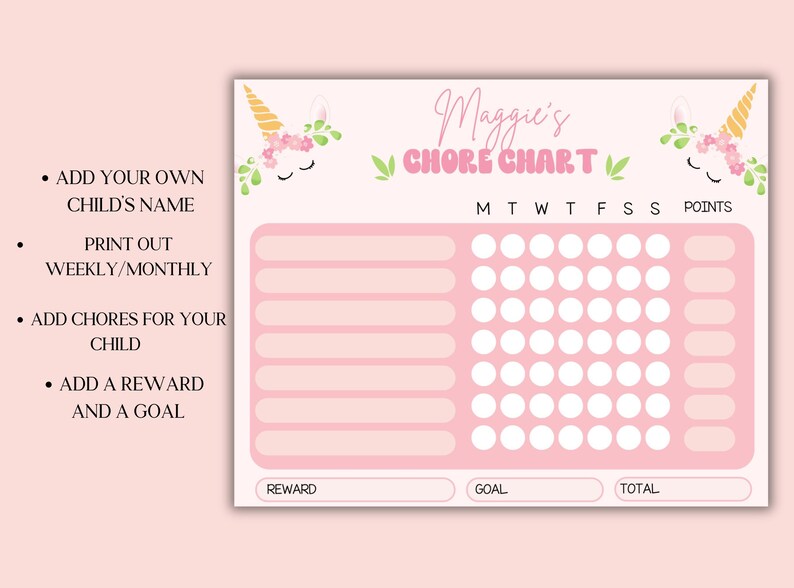 Unicorn Weekly Chore Chart: Printable DIY Template for Kids to Organize ...