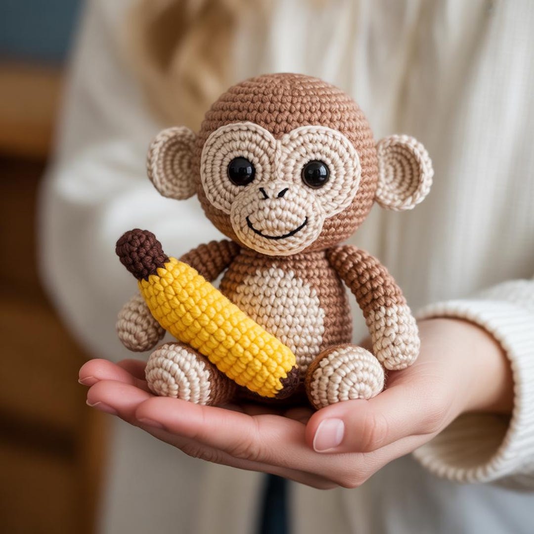 Crochet Monkey Plushie With Banana, Amigurumi Monkey Toy, Cute Stuffed ...