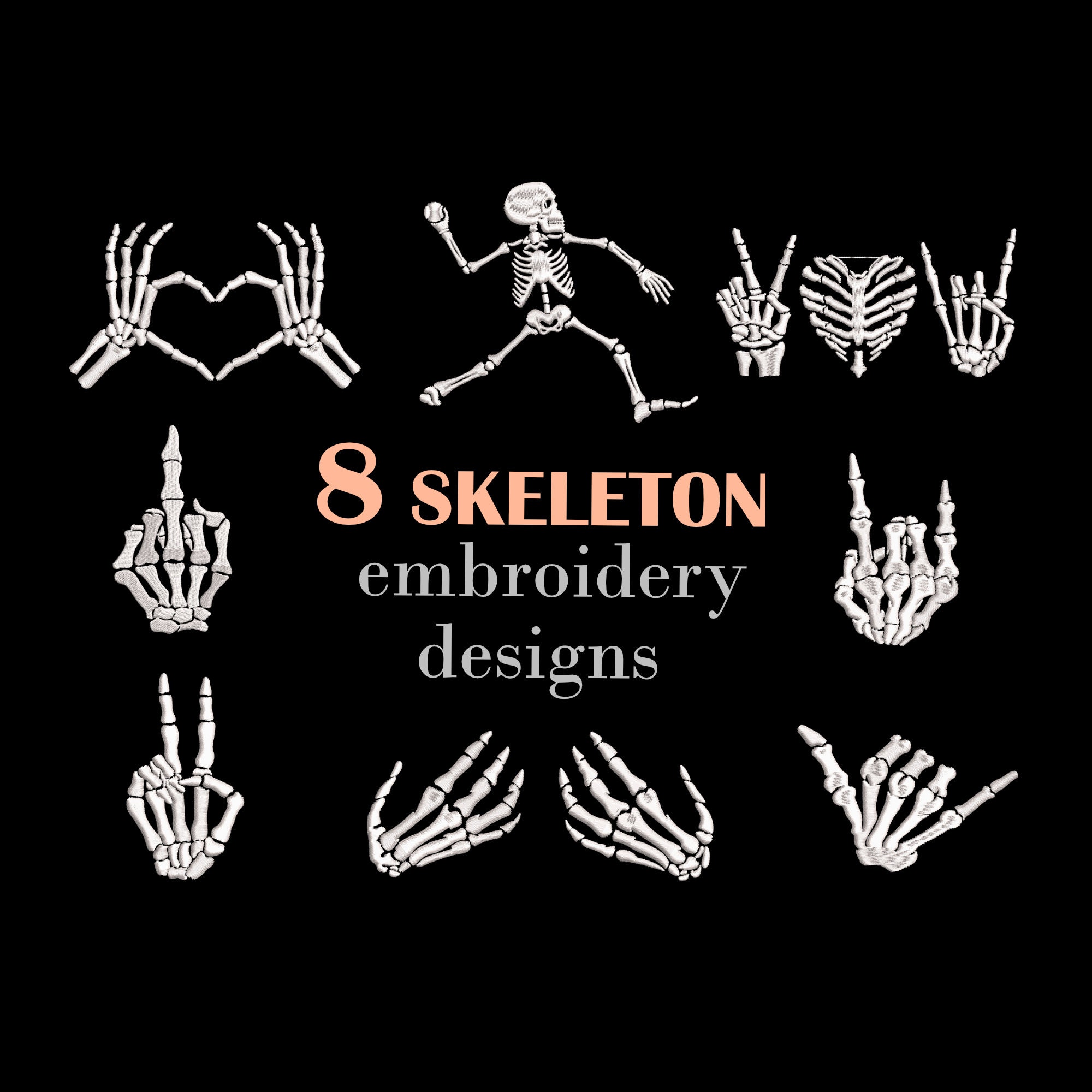 Bundle 8 Skeleton Embroidery Designs Skeleton Hand Embroidery Halloween ...