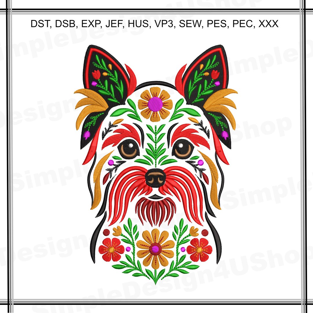 Mexican Yorkie Machine Embroidery Dog in Flowers Embroidery Yorkshire ...