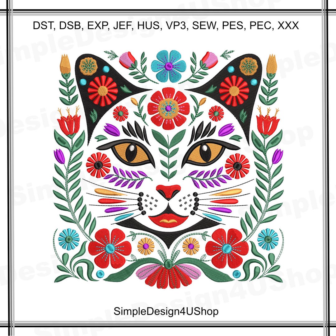 Mexican Cat Embroidery Design: Otomi Floral Pattern (digital Download ...