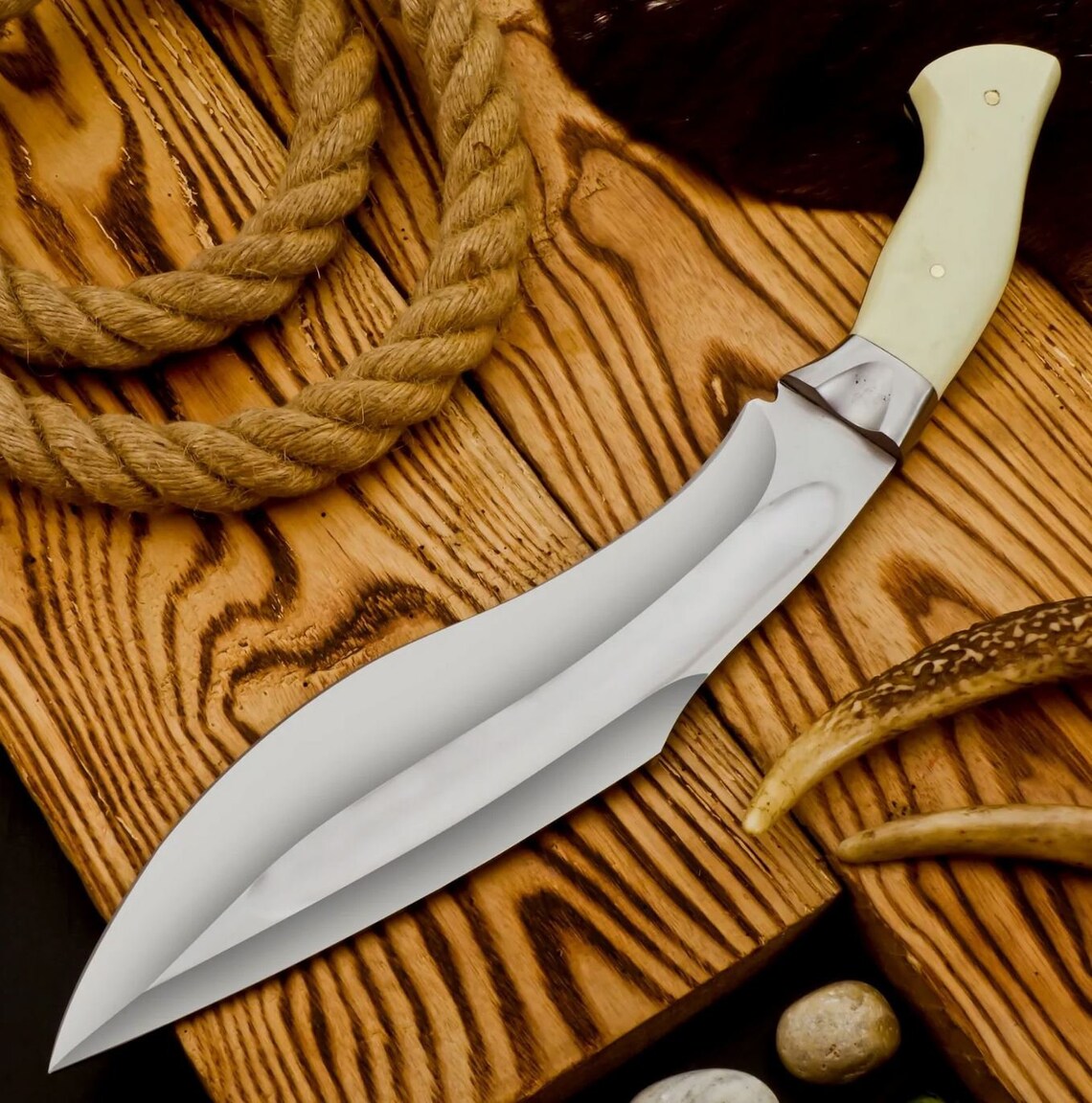 15" Custom Handmade D-2 TOOL Steel Camel Bone Kukri Knife Leather ...