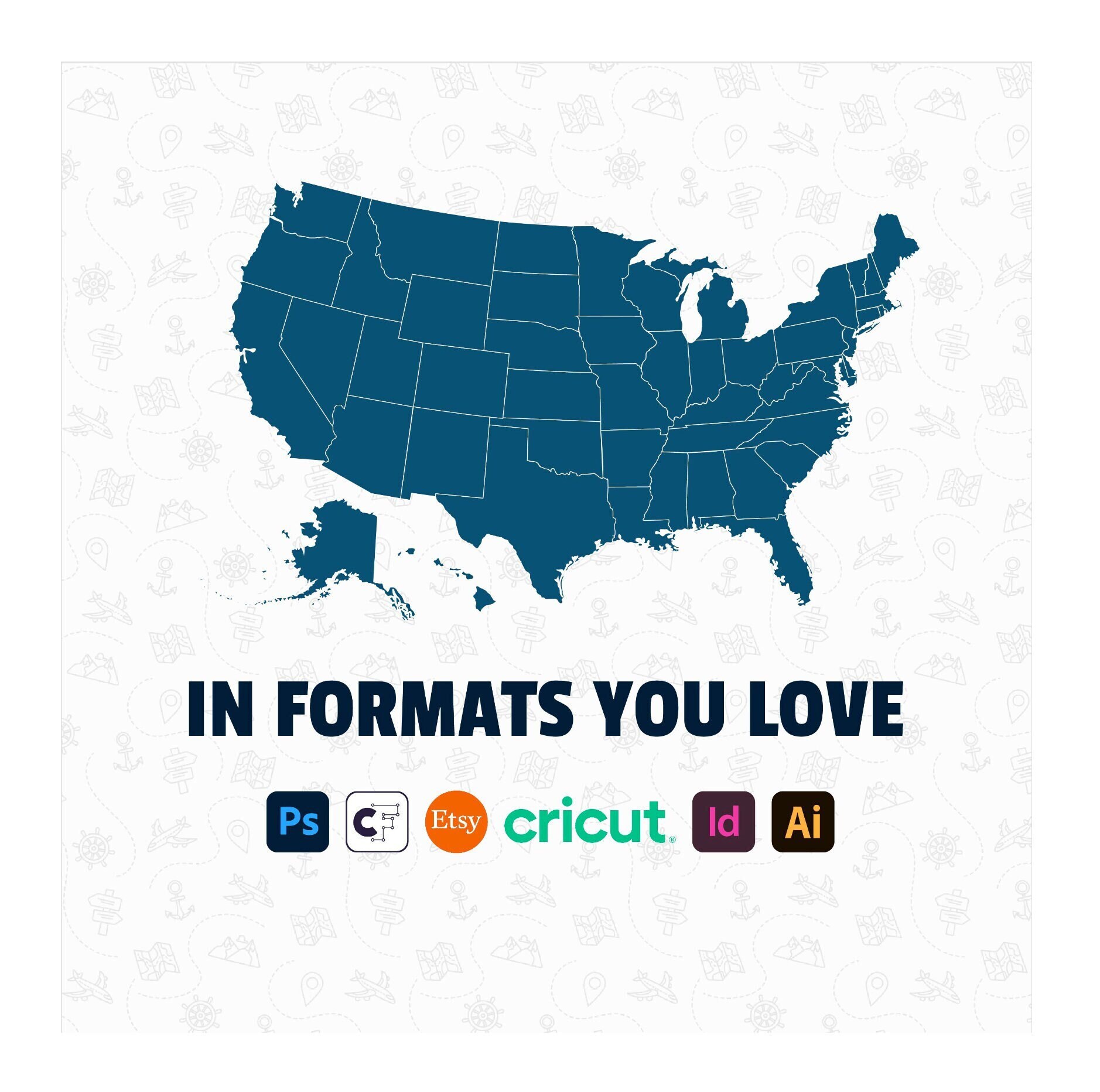 USA Map SVG, Png, Eps, Dxf, Jpg Digital Download Usa Svg Travel SVG Map ...