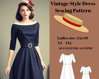 1950's Vintage Style Dress Sewing Pattern, Cocktail Dress, PDF Instant ...
