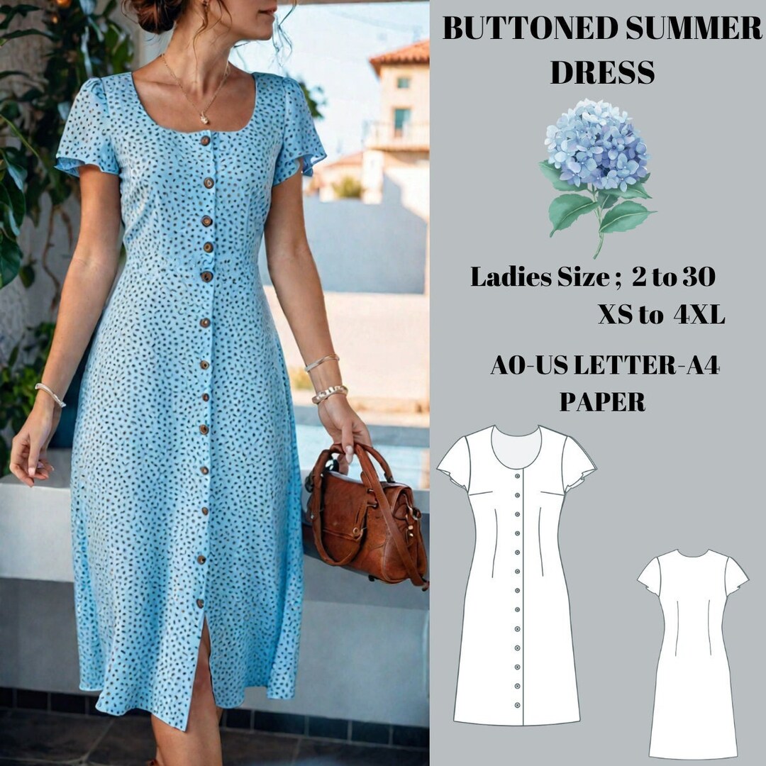 Vintage Buttoned Summer Dress Sewing Pattern, PDF Instant Download ...