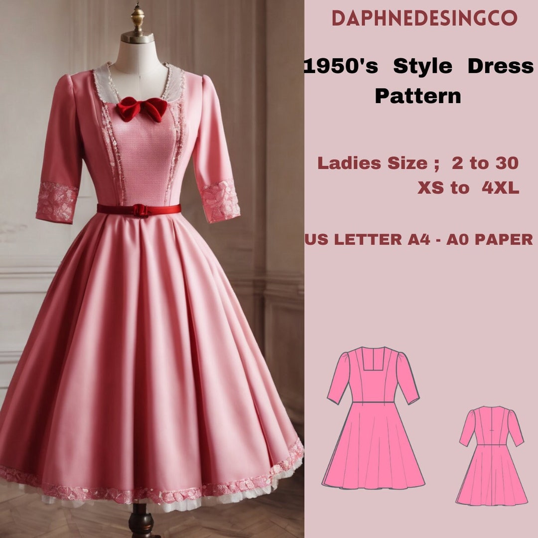 1950's Vintage Style Dress Sewing Pattern, Cocktail Dress, PDF Instant ...