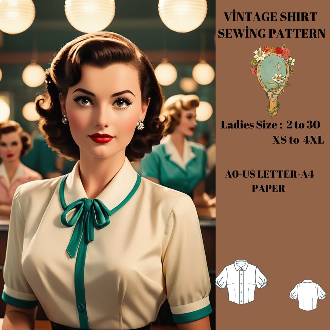 1950's Vintage Style Shirt Sewing Pattern, PDF Instant Download Vintage ...