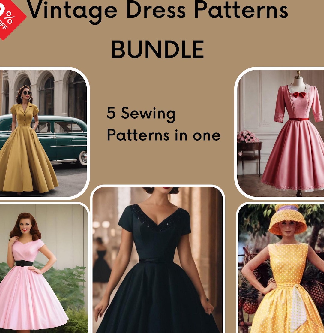 Vintage Dress Sewing Patterns Bundle: 5 Cocktail & Prom Styles (PDF ...