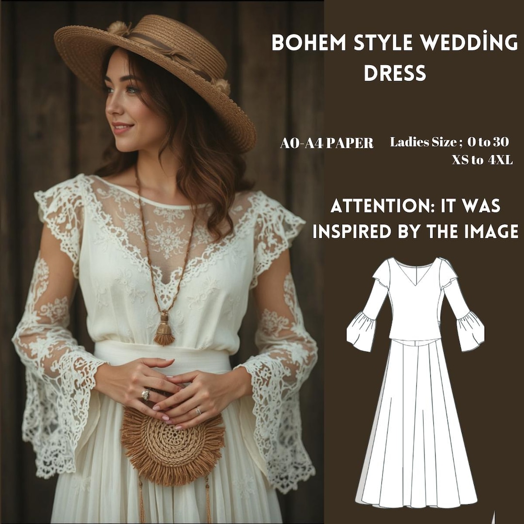 Bohemian Wedding Dress Sewing Pattern: Sizes 0-30 (A0 A4 Format ...