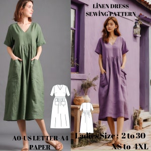 Relaxed Fit Linen Dress Sewing Pattern With Pockets | US Sizes 2-30 ...