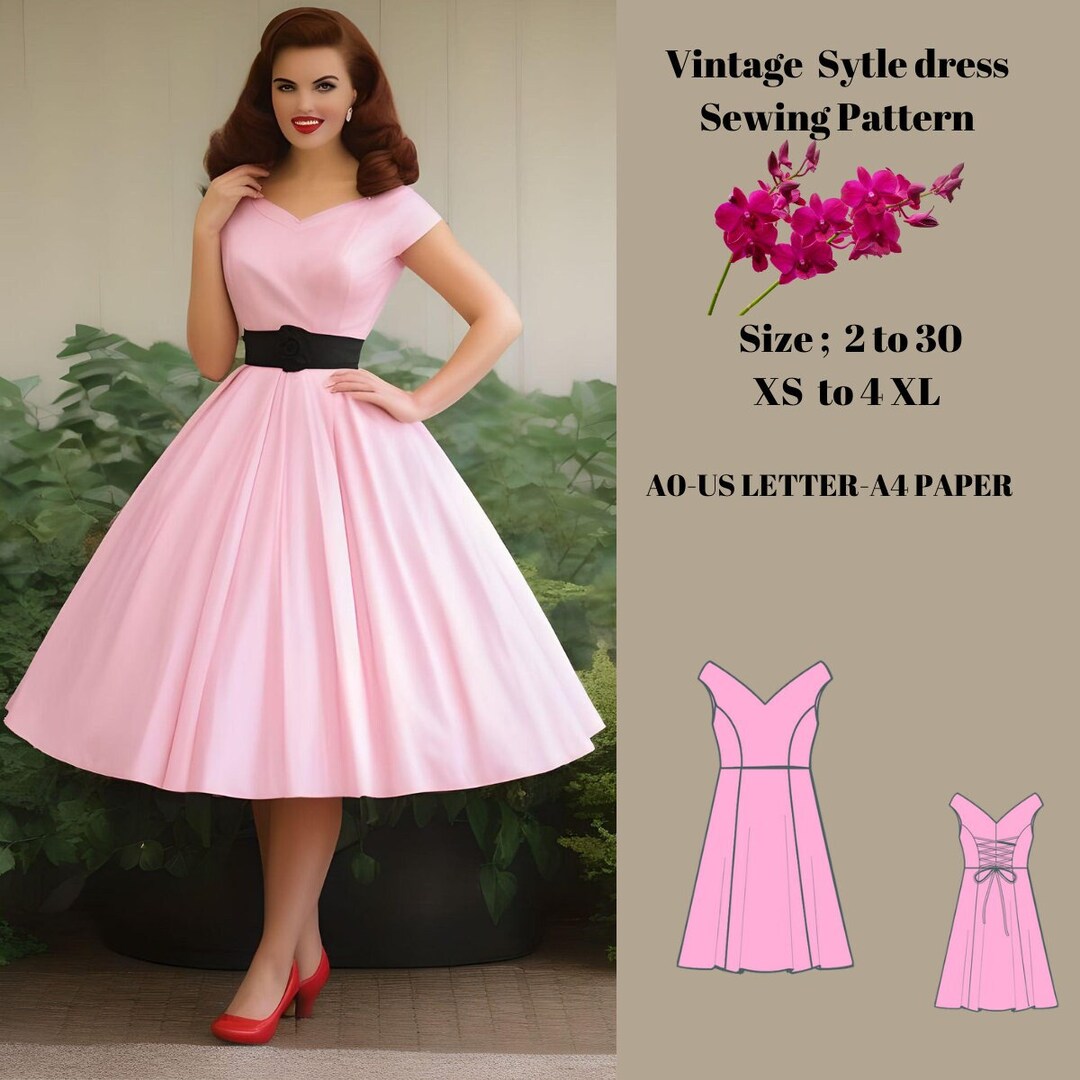1950's Vintage Style Dress Sewing Pattern, Cocktail Dress, Vintage ...