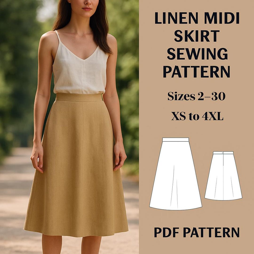Linen Midi Skirt Sewing Pattern: Gathered A-line (US 2-30 | XS-4XL ...
