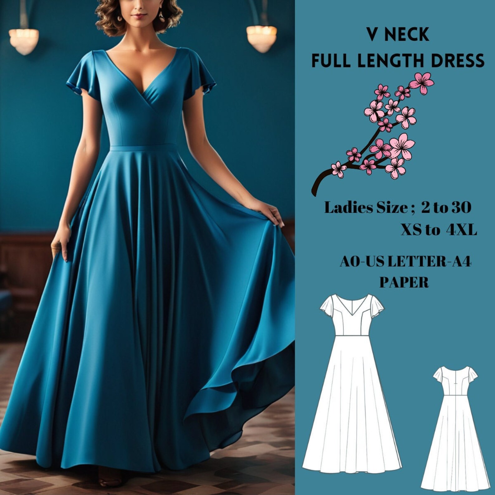 V-neck Full Length Dress Sewing Pattern (PDF) XS-4XL - Etsy
