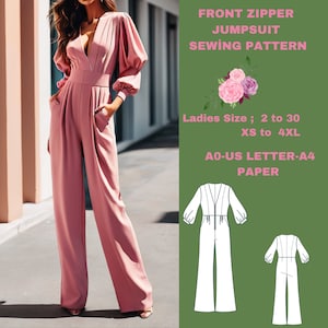 Front Zipper Jumpsuit Sewing Pattern | Dungaree Pattern,womens Jumpsuit Pattern | US 2 to 30 ...