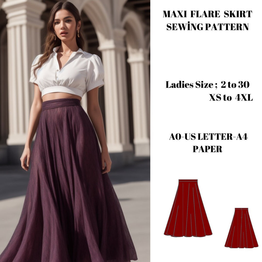 Maxi Flare Skirt Sewing Pattern,ladies Size US 2 to 30, A0 A4 US Letter ...