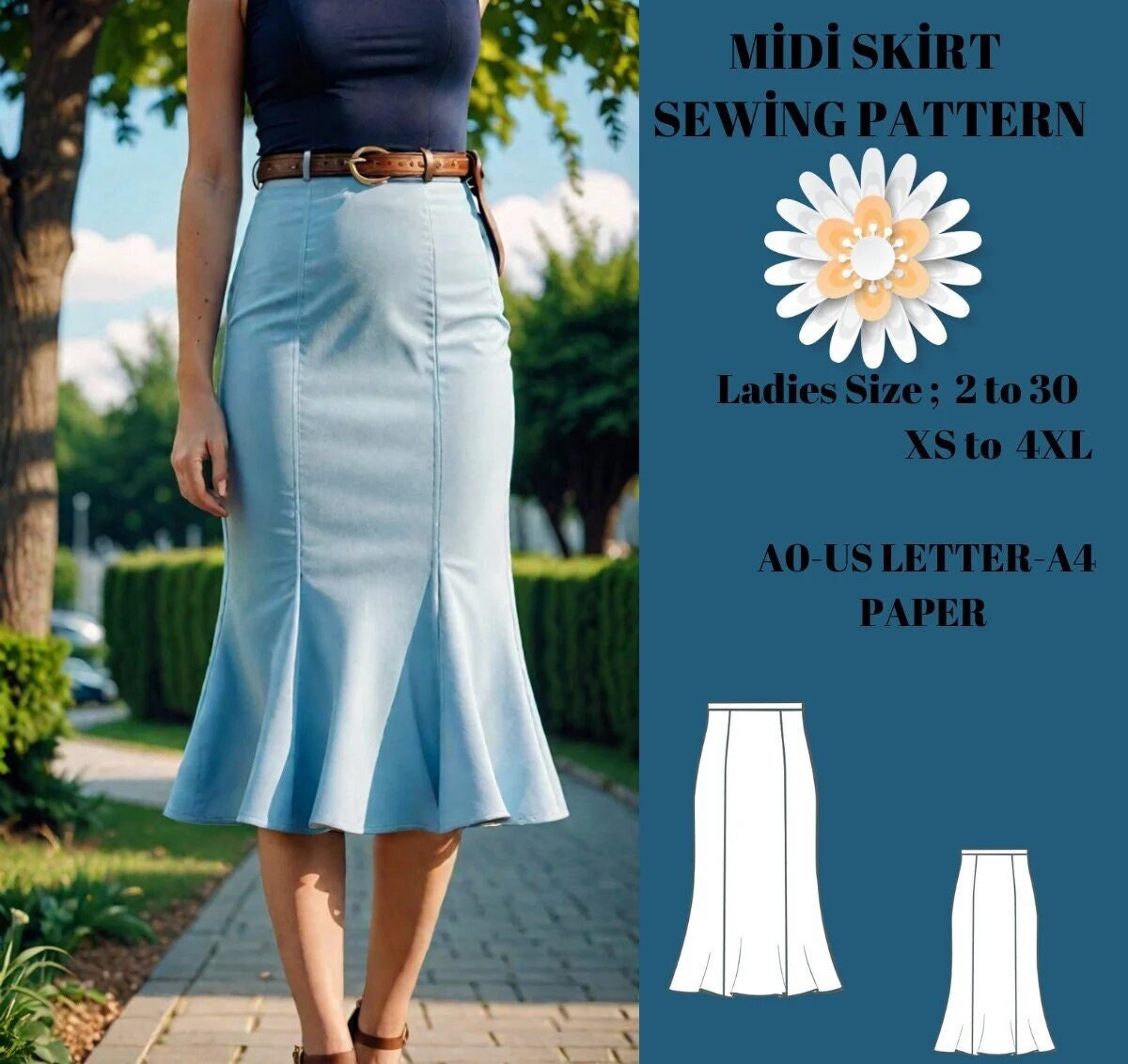 Trumpet Midi Skirt Sewing Pattern: Bias Cut, US Size 2-30 (PDF Pattern ...
