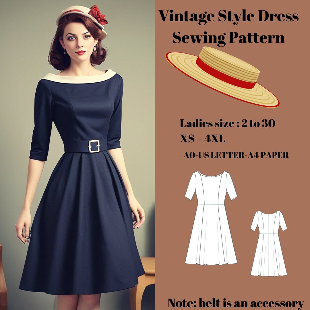 1950's Vintage Style Dress Sewing Pattern, Cocktail Dress, PDF Instant ...