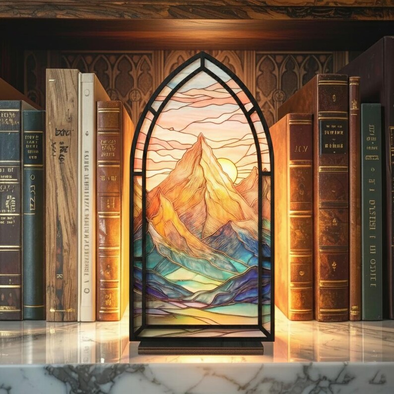 Mountain Stained Glass Book Nook Light, Sunset Landscape LED Decor ...