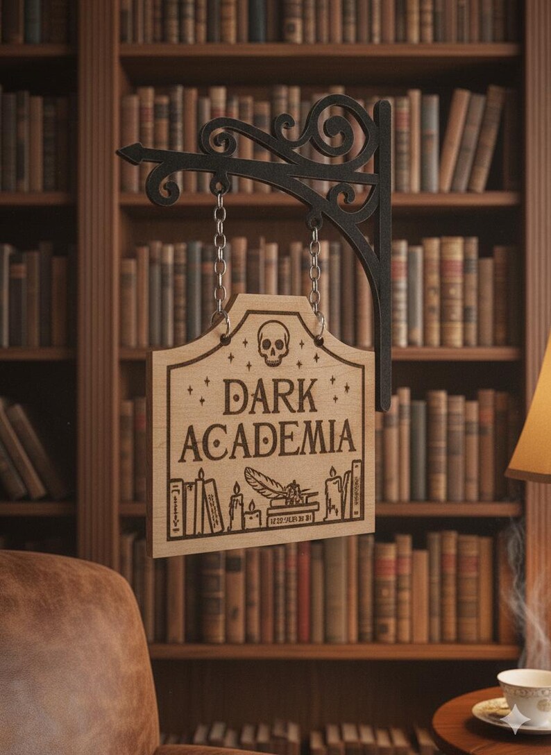 Dark Academia Wooden Sign, Book Nook Shelf Decor, Gothic Home Library ...