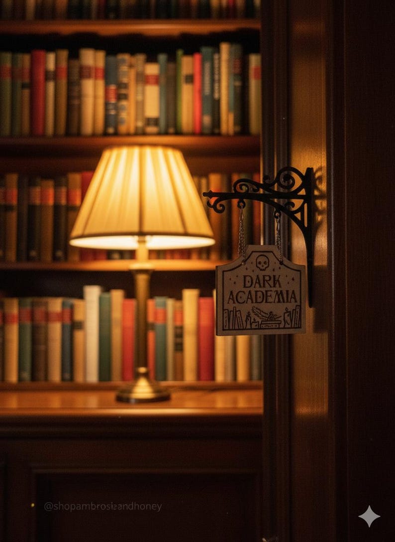 Dark Academia Wooden Sign, Book Nook Shelf Decor, Gothic Home Library ...