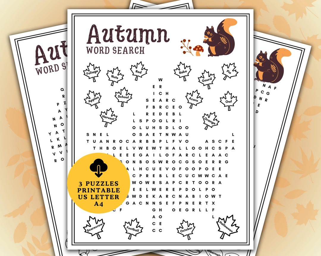 Printable Fall Word Search Puzzles in Bird, Mushroom, and Maple Leaf ...