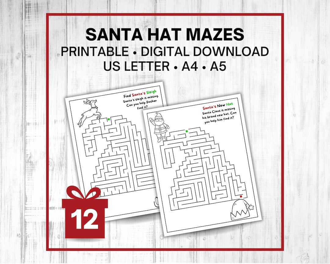 12 Santa Hat Printable Mazes, Printable Christmas Coloring Pages ...