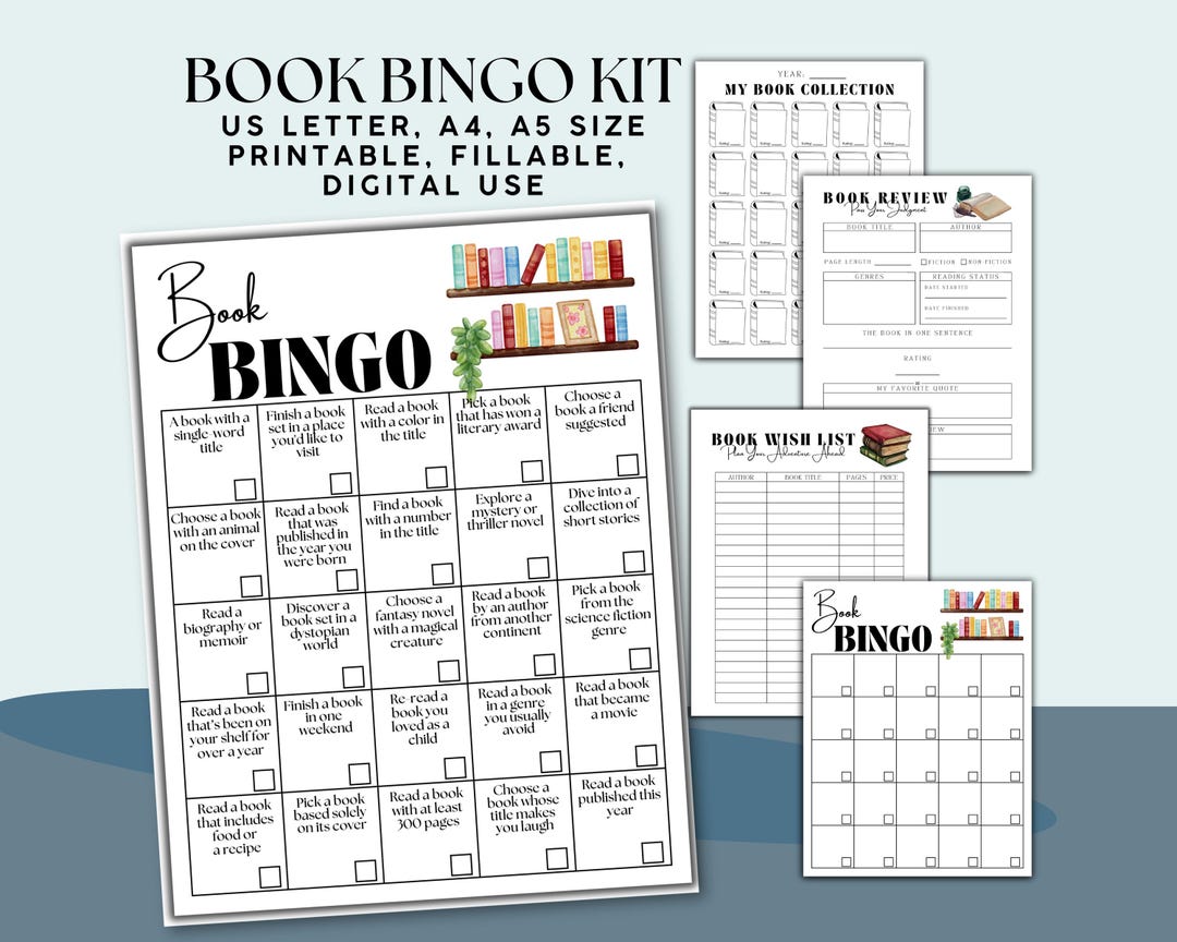 Printable Book Bingo Kit: Reading Challenge, Book Wishlist (digital ...