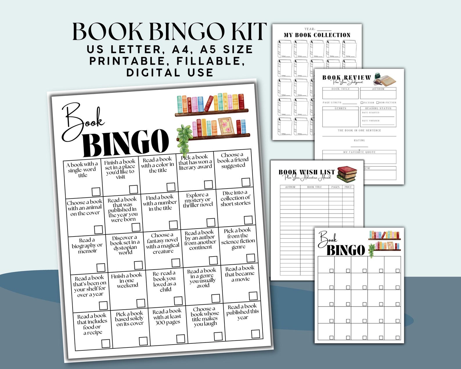 Printable Book Bingo Kit: Reading Challenge, Book Wishlist (digital ...