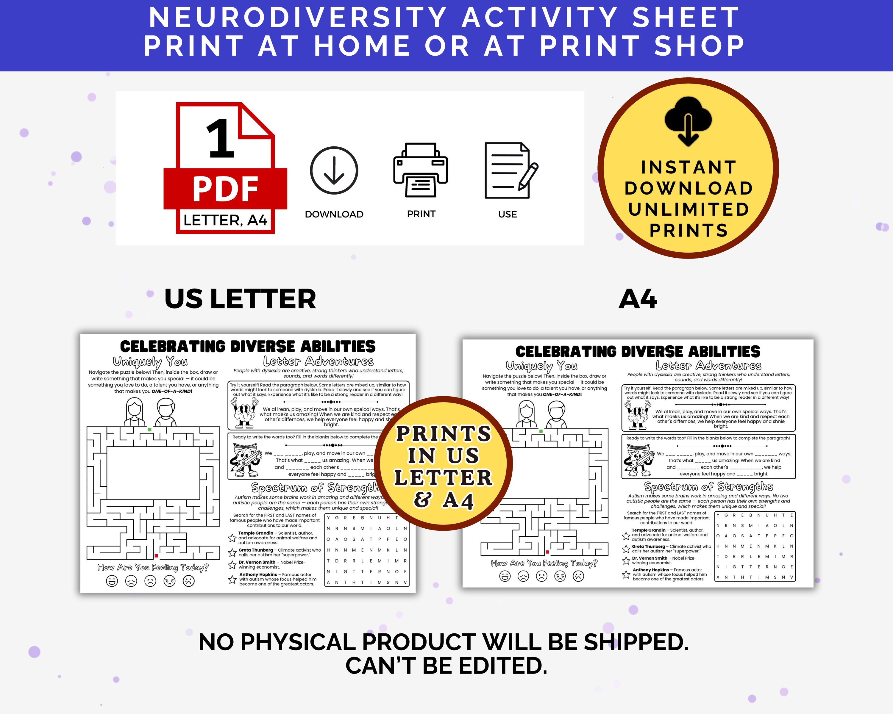 Printable Neurodiversity Activity Placemat | Autism and Dyslexia ...