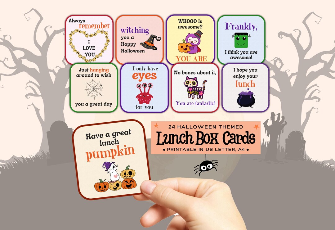 Printable Halloween Lunch Box Notes - Prefilled & Blank Note Cards ...