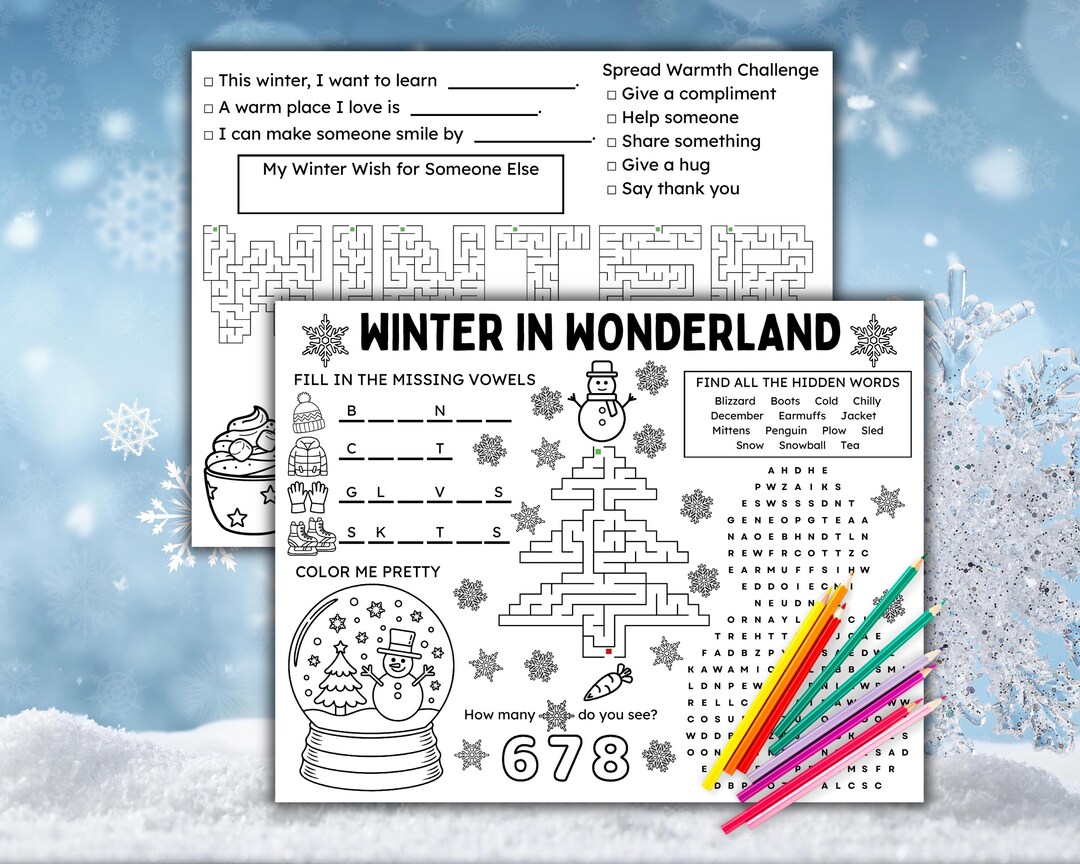 Printable Winter Activity Placemats With Snowman Word Search, Maze ...