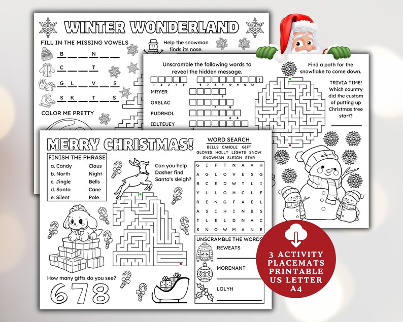 Printable Christmas Placemat for School, Home and Parties, Christmas ...