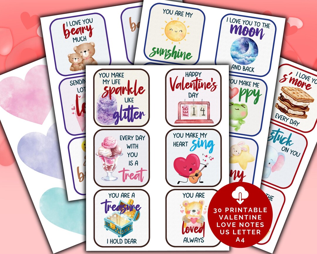 Valentine Lunch Notes for Kids, Printable Lunch Box Notes for February ...