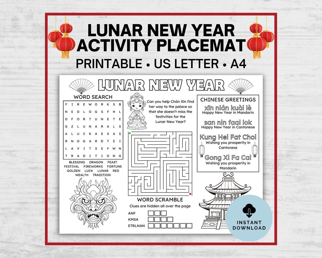 Lunar New Year Printable Activity Placemat, Chinese New Year Activity ...