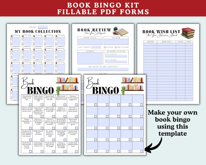 Printable Book Bingo Kit: Reading Challenge, Book Wishlist (digital ...