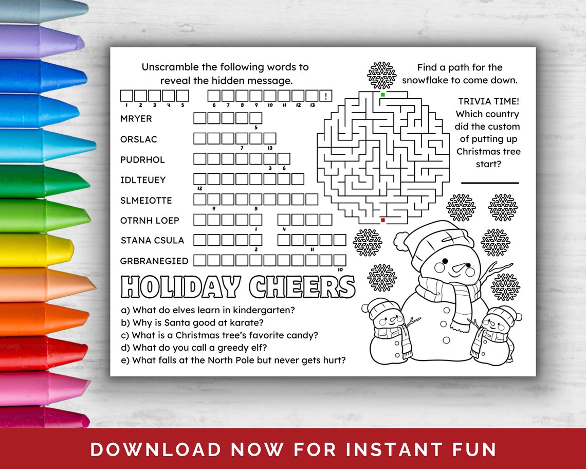 Printable Christmas Placemat for School, Home and Parties, Christmas ...