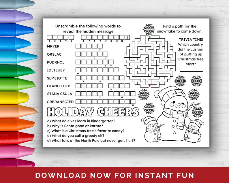 Printable Christmas Placemat for School, Home and Parties, Christmas ...