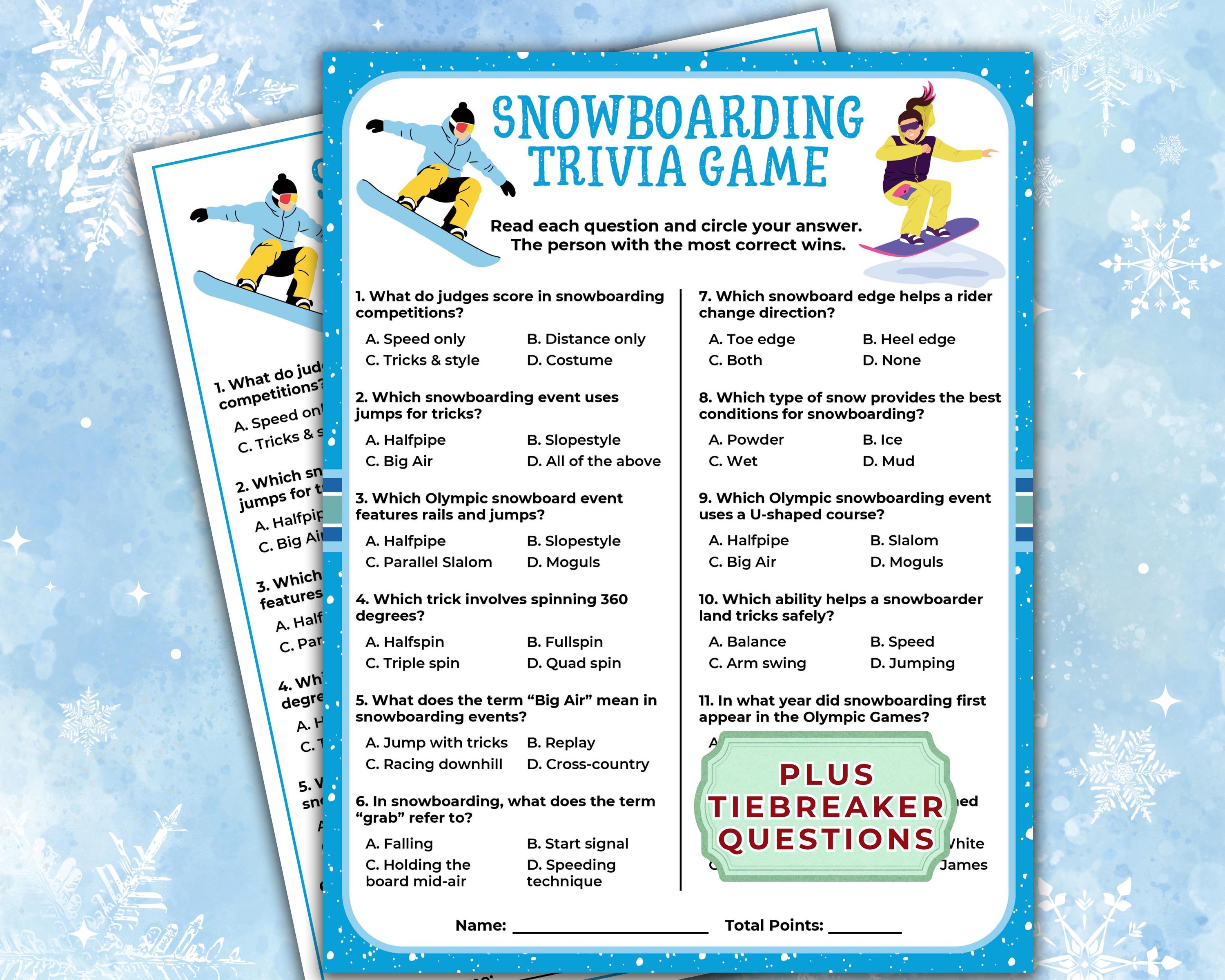 Snowboarding Trivia Challenge – Fun Printable Game for Extreme Sports ...