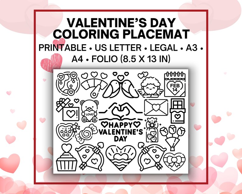 Valentine's Day Coloring Placemat, Printable Coloring Page for ...