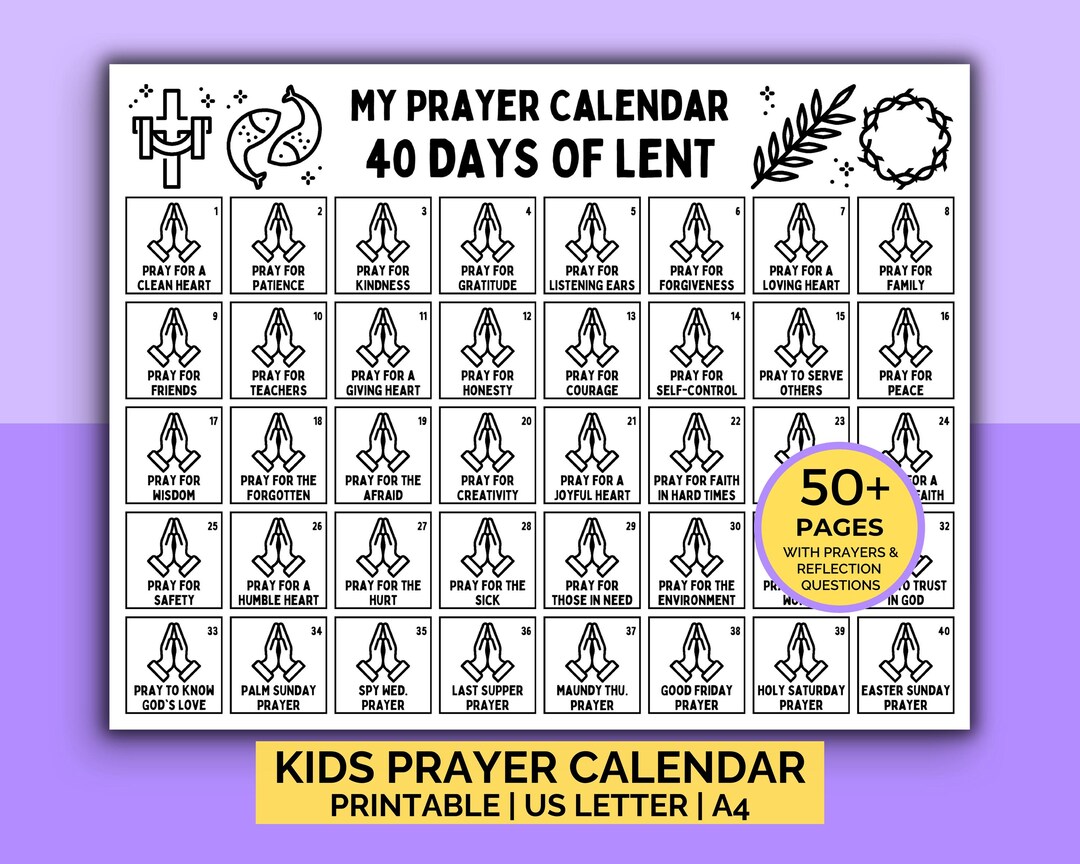 40 Days of Lent Prayer Calendar for Kids With Daily Reflection ...