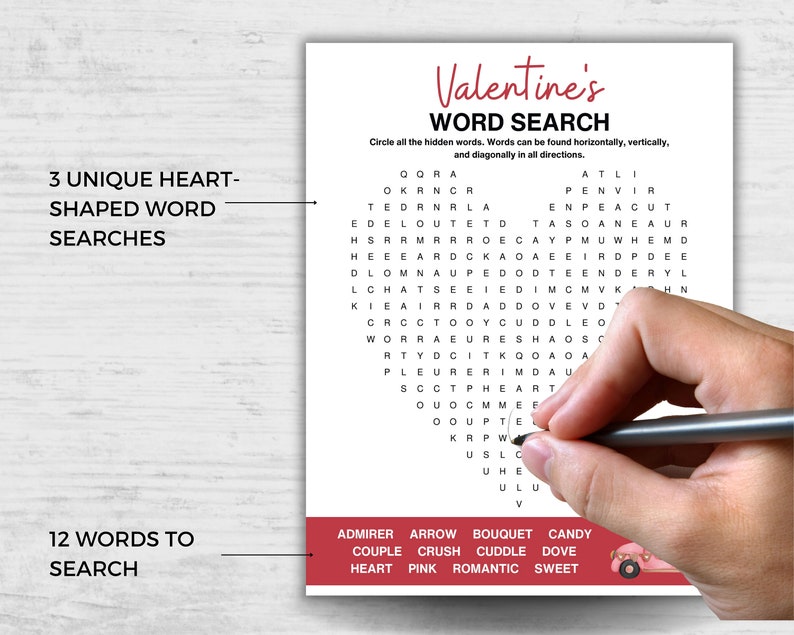 Valentine Word Search Printable Game for Kids and Adults, Valentine's ...