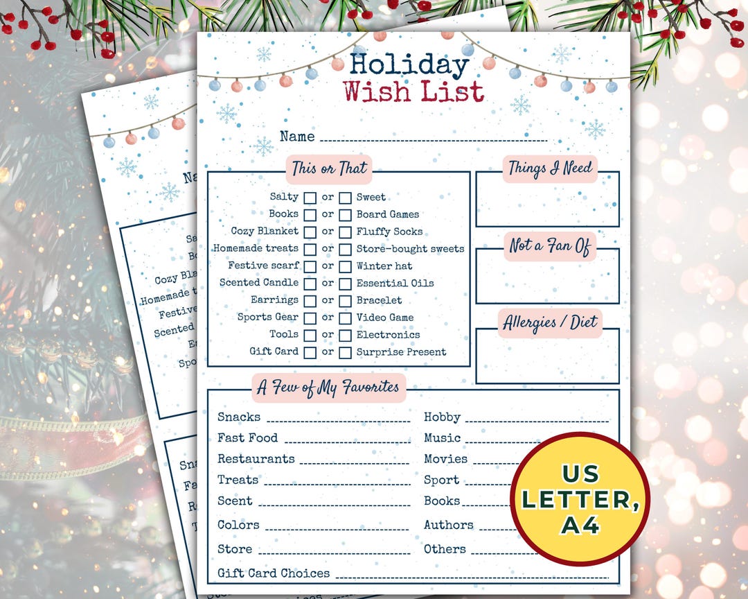 Printable Holiday Wish List Questionnaire, Gift Exchange Survey ...