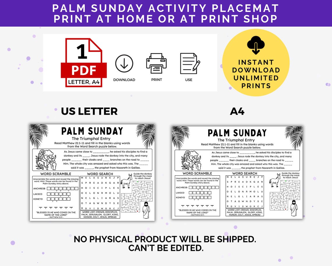Printable Palm Sunday Activity Placemat for Kids, Triumphal Entry Bible ...